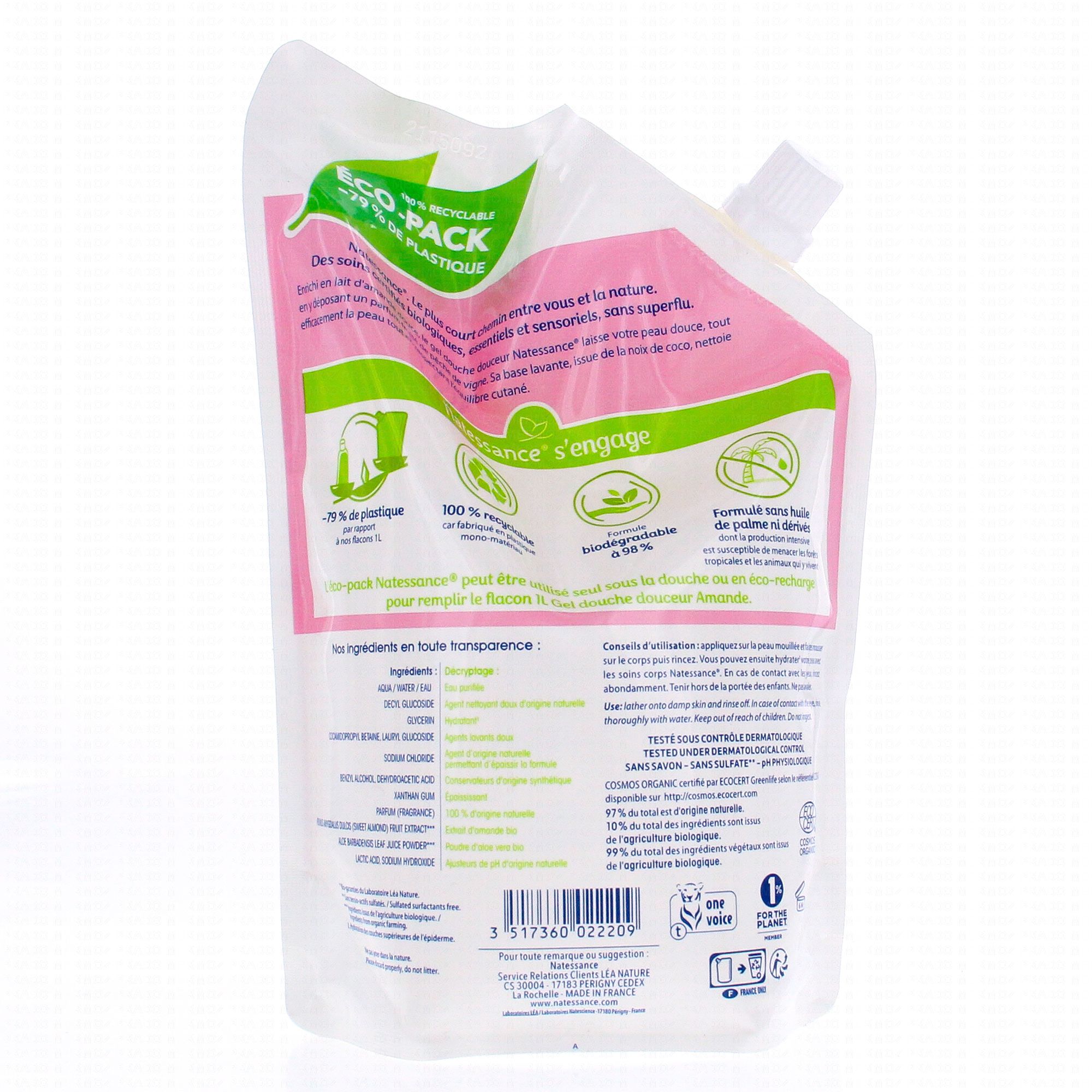 NATESSANCE Gel douche amande parfum pêche de vigne bio eco recharge ... NATESSANCE Gel douche amande parfum pêche de vigne bio eco recharge ...