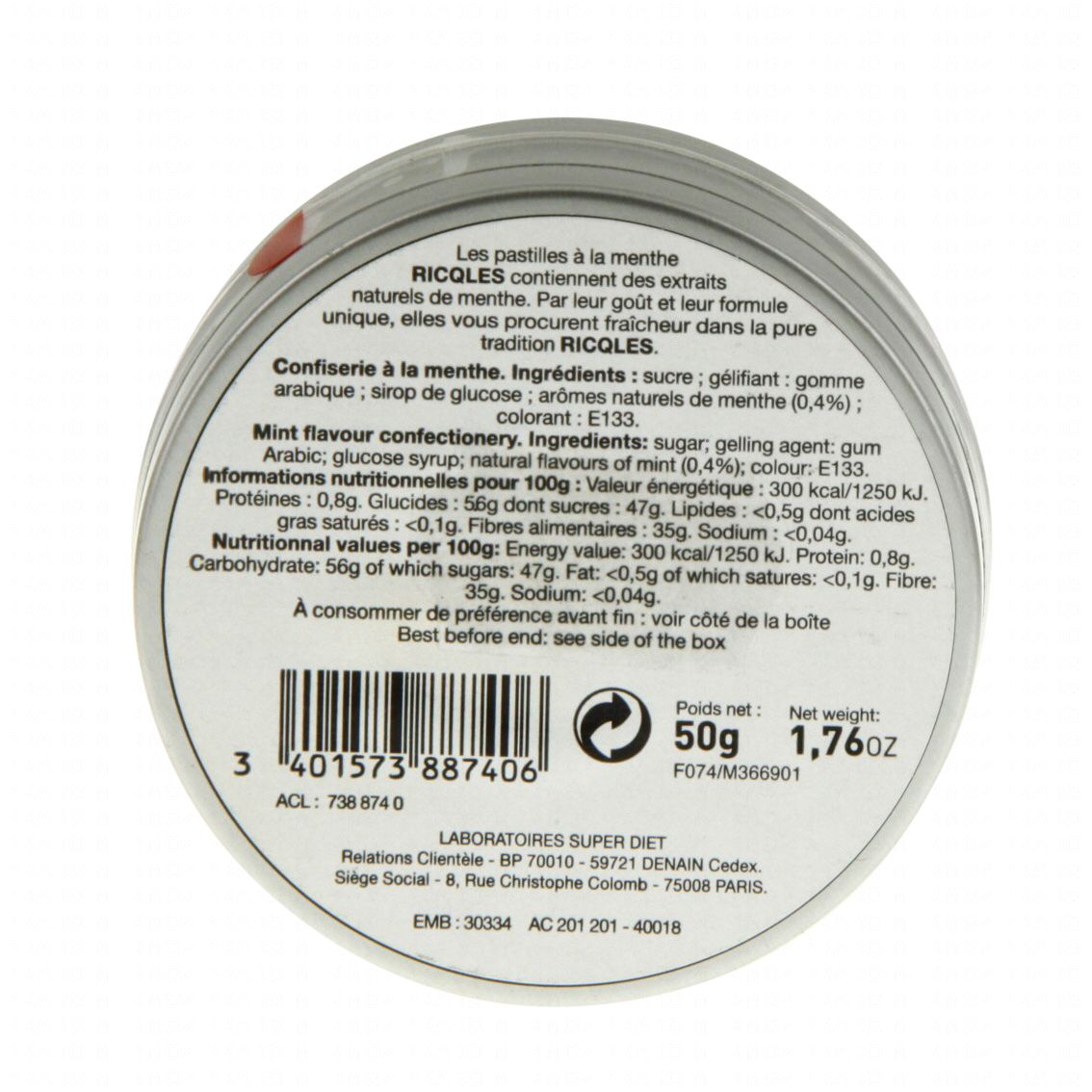 RICQLES Pastilles à la menthe 50g - Parapharmacie Prado Mermoz